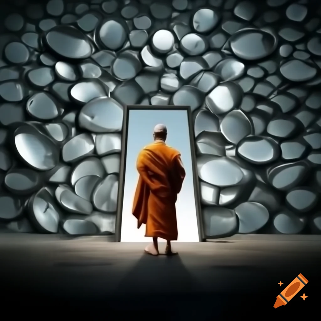 Monk in front of giant mirror reflecting different versions of himself on Craiyon