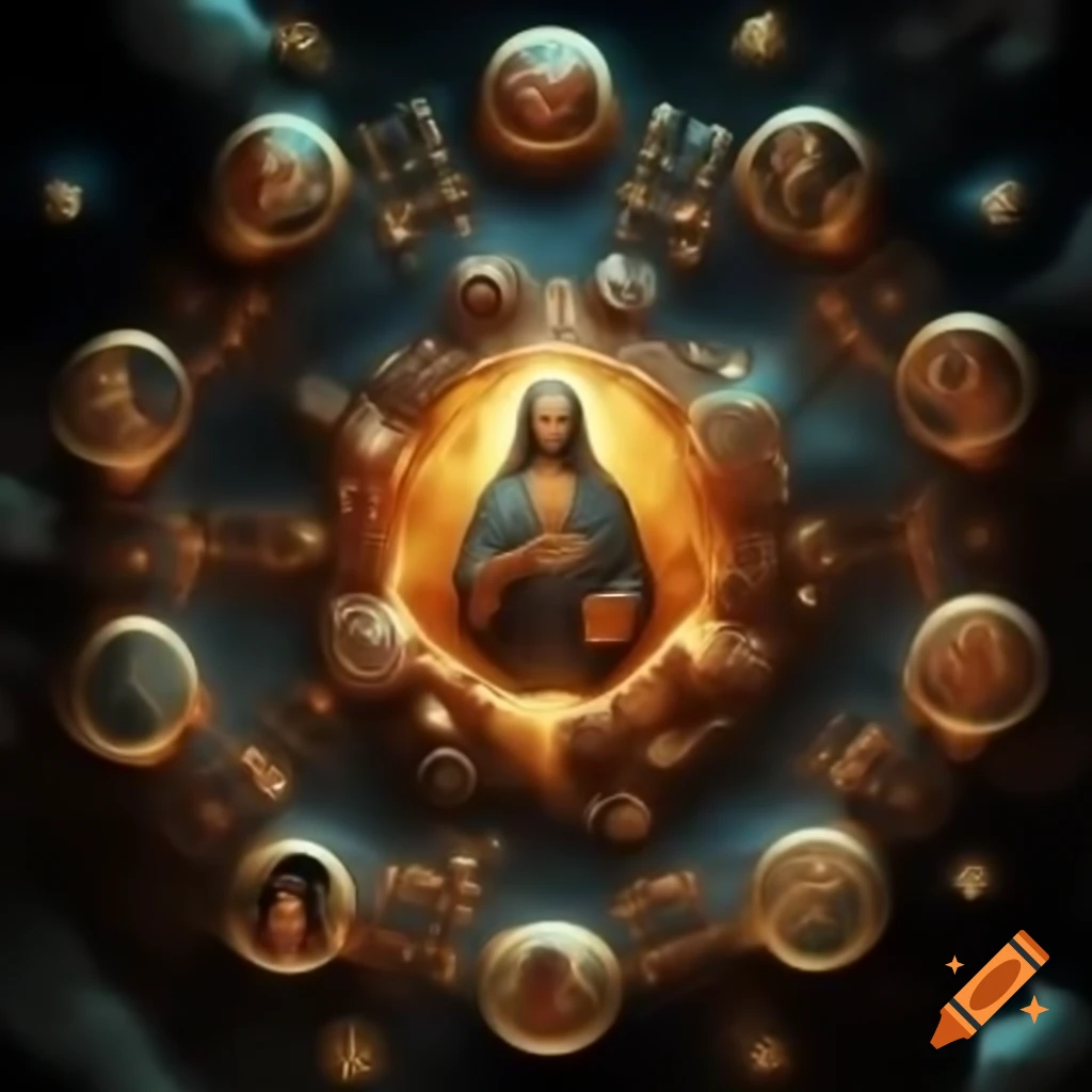 3D render of ancient Orthodox icon in celestial space with glowing ...