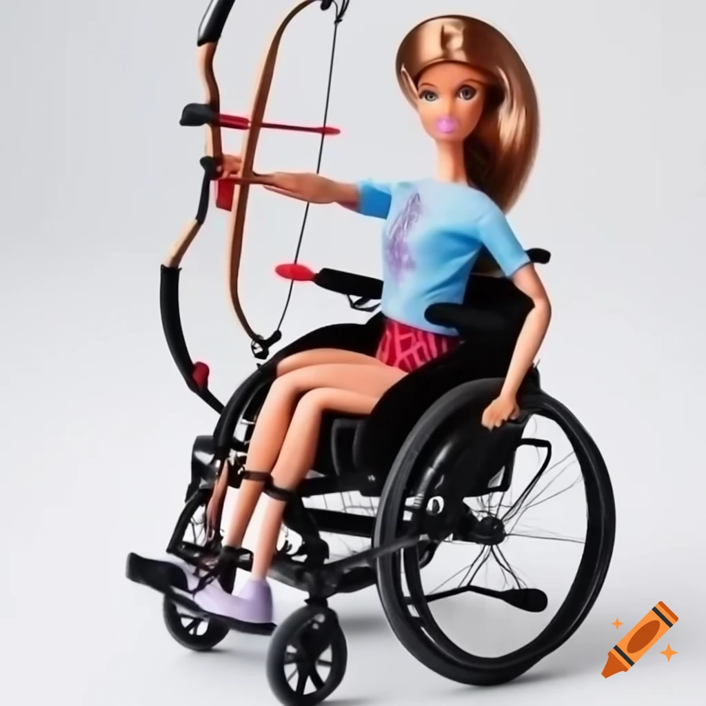 Barbie doll in wheelchair playing archery, wearing blue shirt and black ...