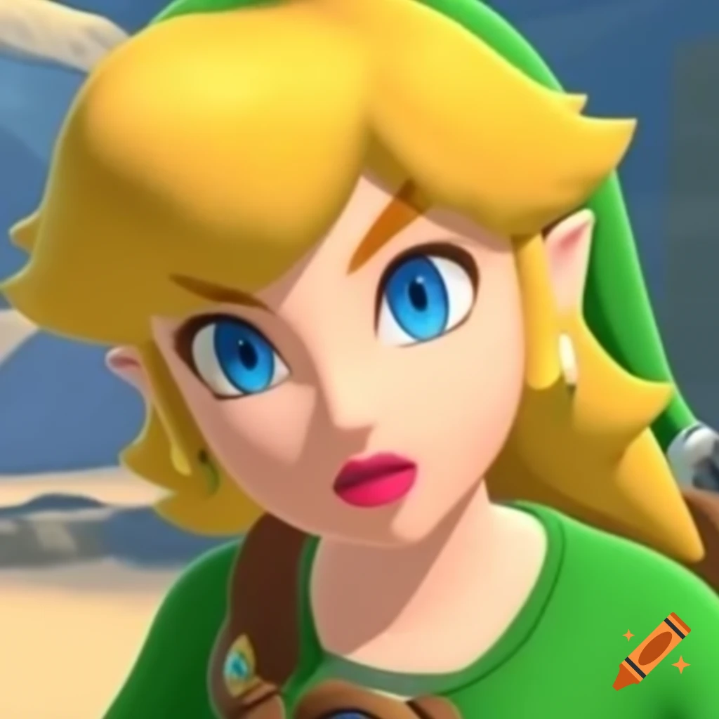 Link from Nintendo in green tunic with Princess Peach's hairstyle and bold makeup on Craiyon