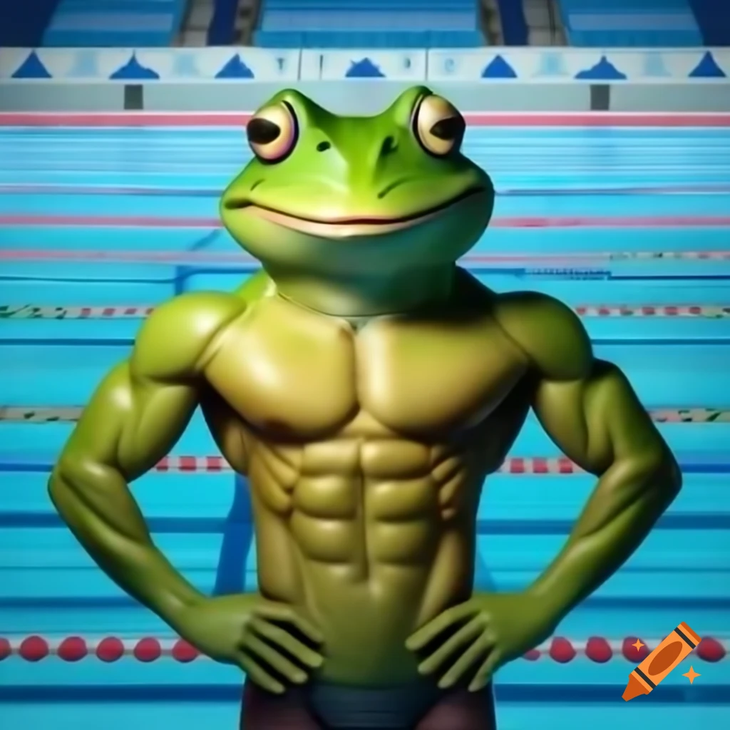 Muscular anthropomorphic frog inspired by Olympic swimmer with cheerful ...