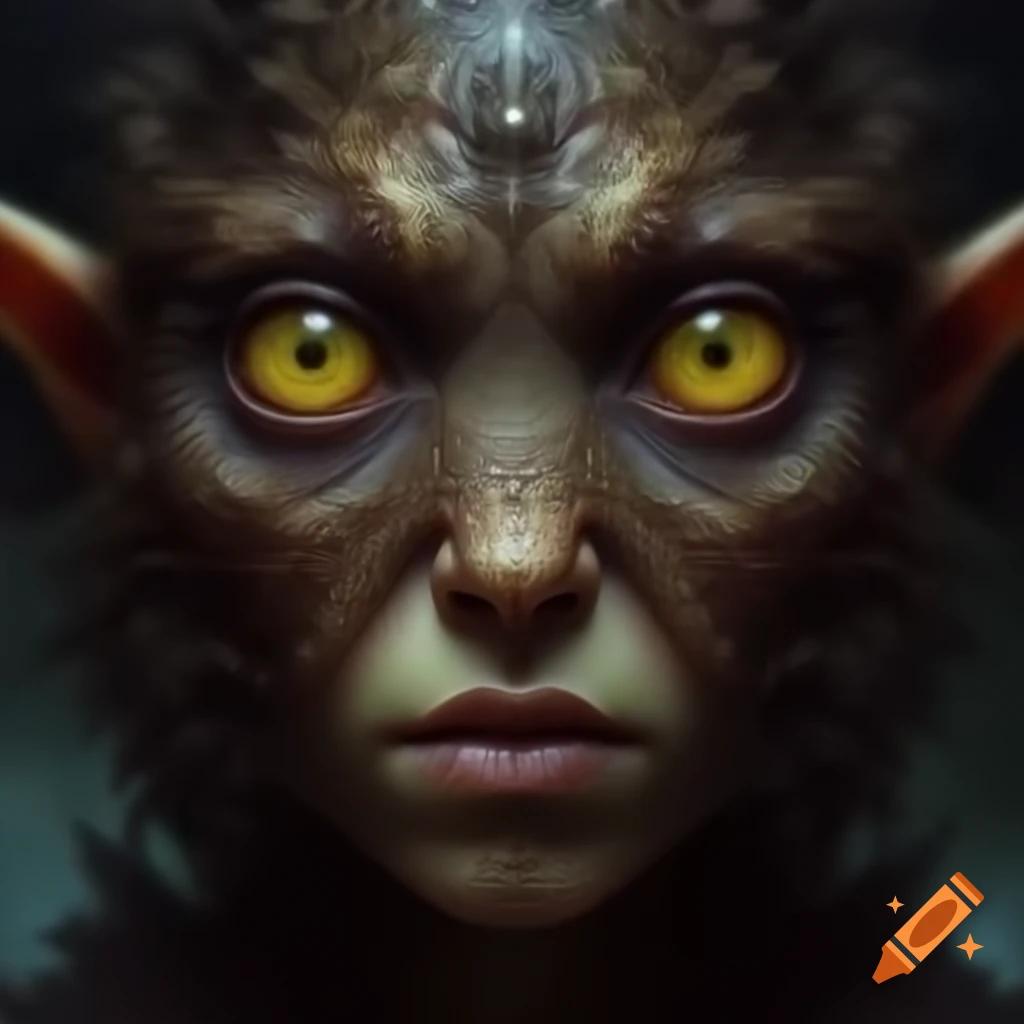 Surreal depiction of woman resembling dark hairy goblin with alien ...