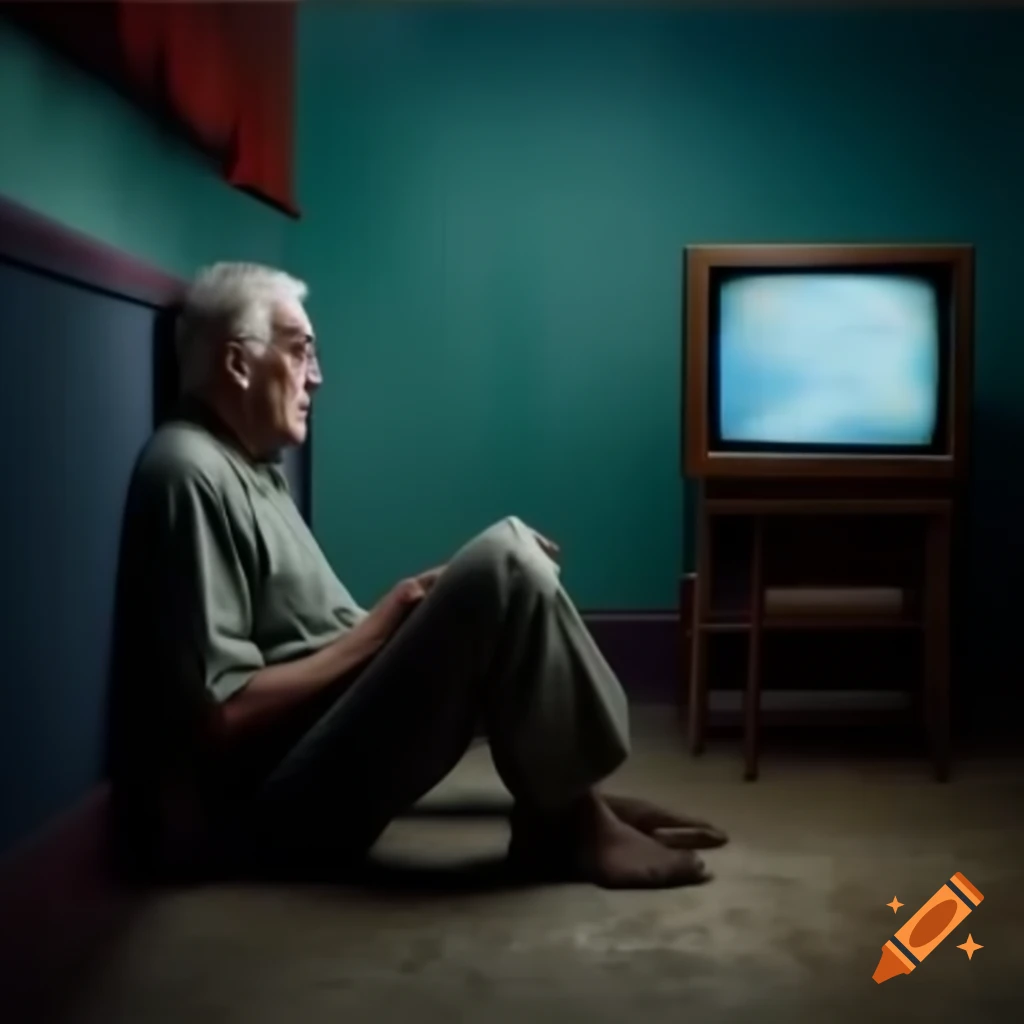 Old man sitting on floor in empty eerie room staring at old TV on Craiyon