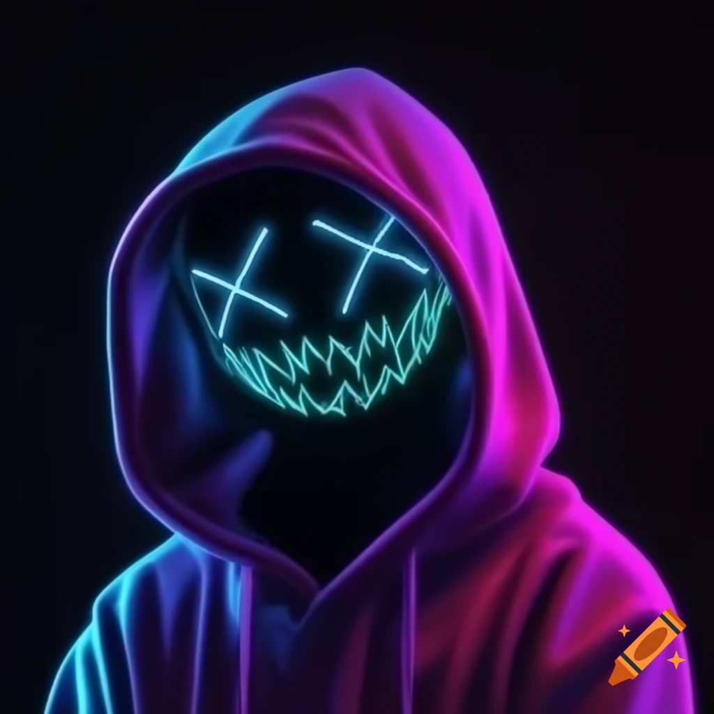Neon-colored cartoon hooded figure with featureless black face in ...