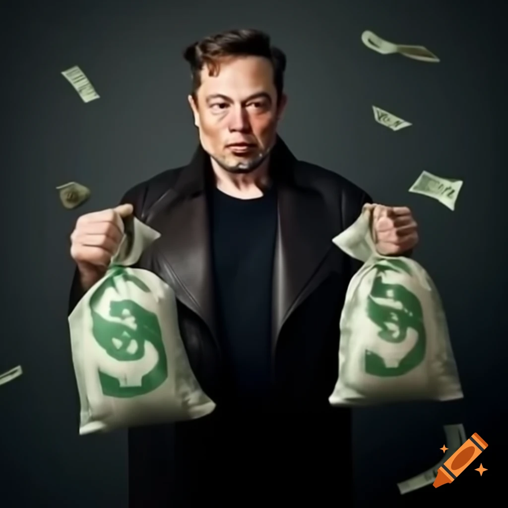 Elon Musk holding bags of money, representing wealth on Craiyon