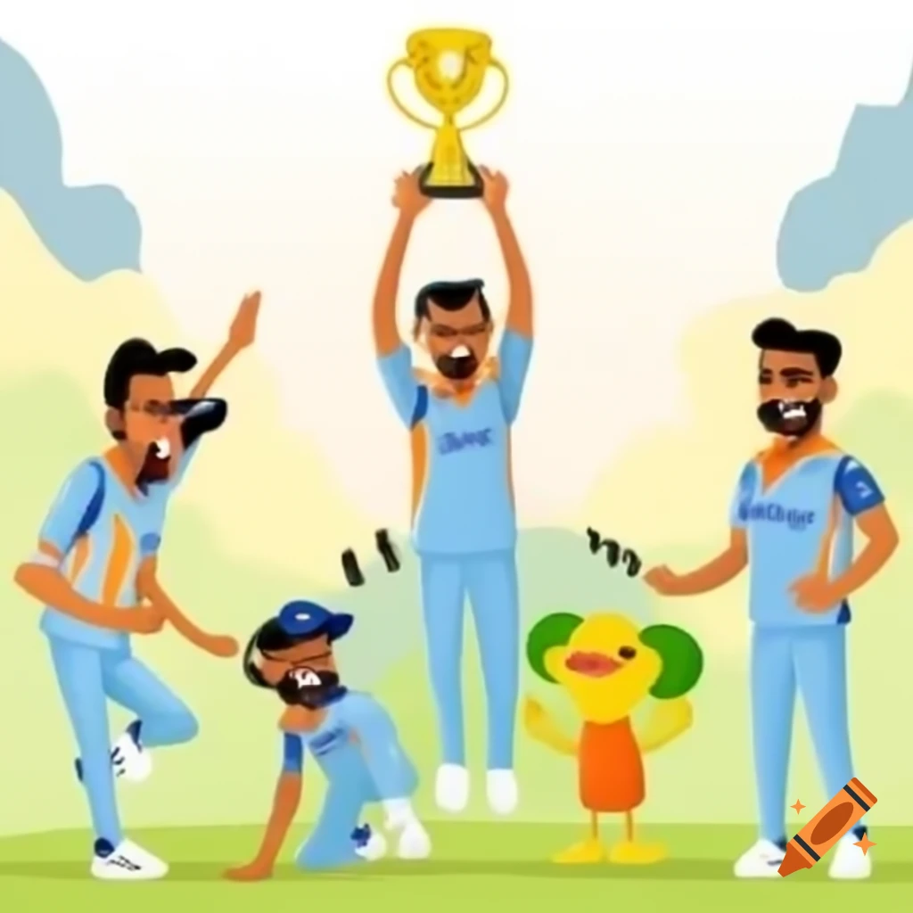 Cartoon of india cricket team celebrating trophy win, dejected kiwi bird weeping humorously on ...