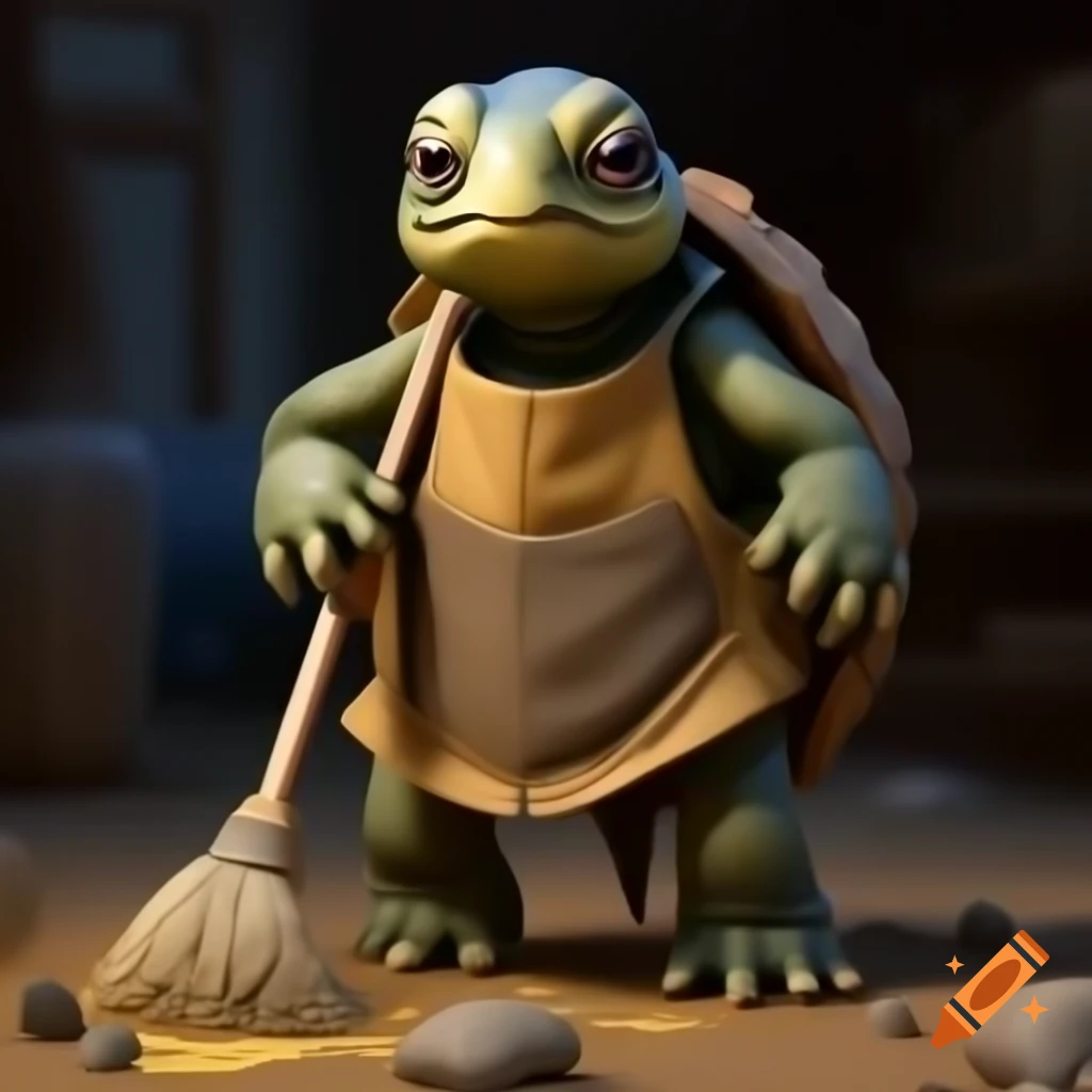 Anthropomorphic turtle in tan apron sweeping dusty floors, digital art ...