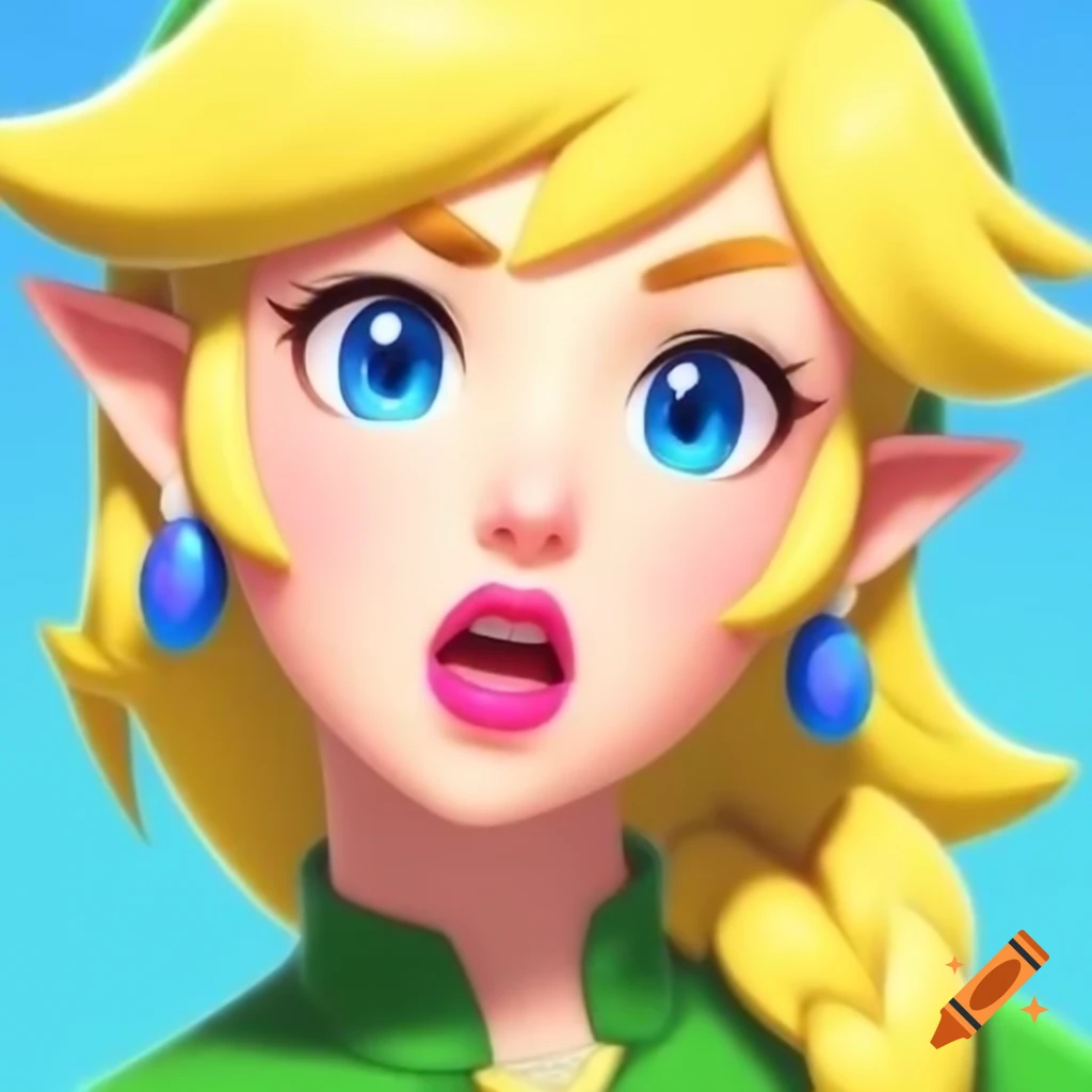 Link in green tunic with princess peach's hairstyle and makeup, 8k quality on Craiyon