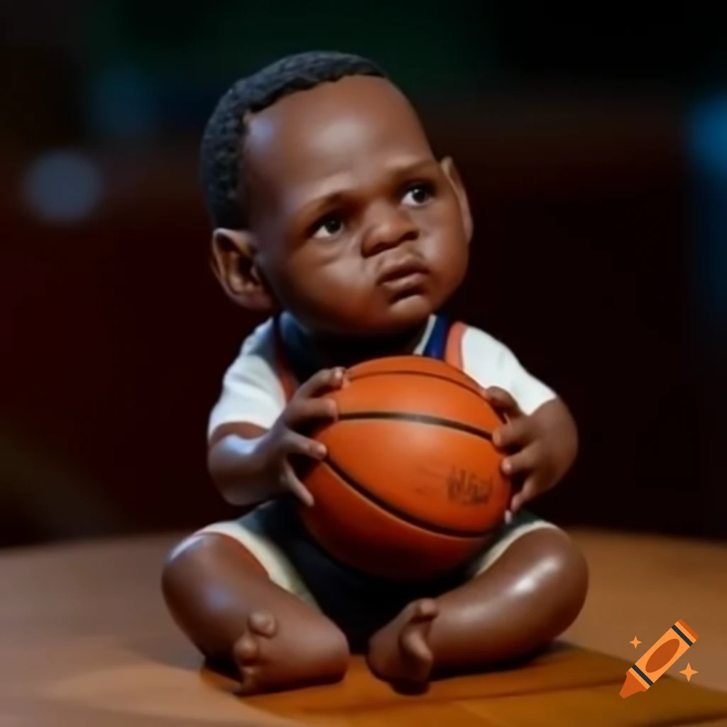 Realistic baby doll resembling LeBron James with a miniature basketball ...