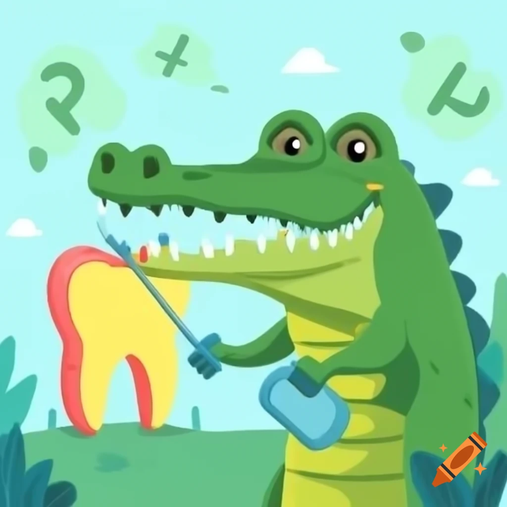 Cartoon of crocodile getting teeth cleaned by crocodile dentist on Craiyon