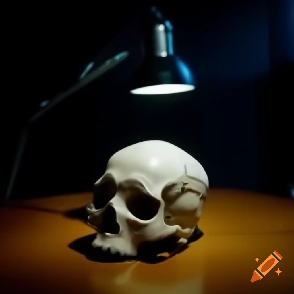 Human skull on table in dark room with single light bulb on Craiyon