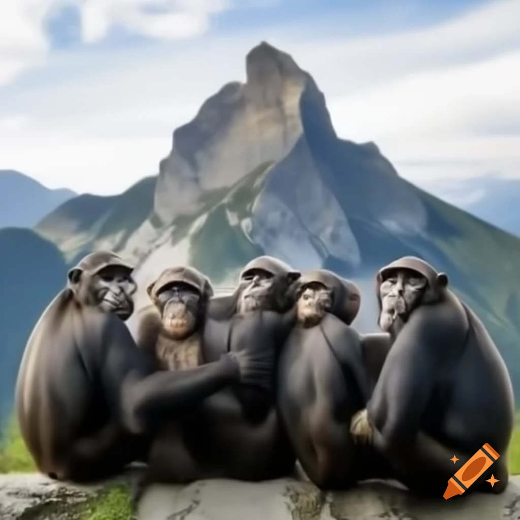 Five apes in Bavarian traditional clothing in front of mountain on Craiyon