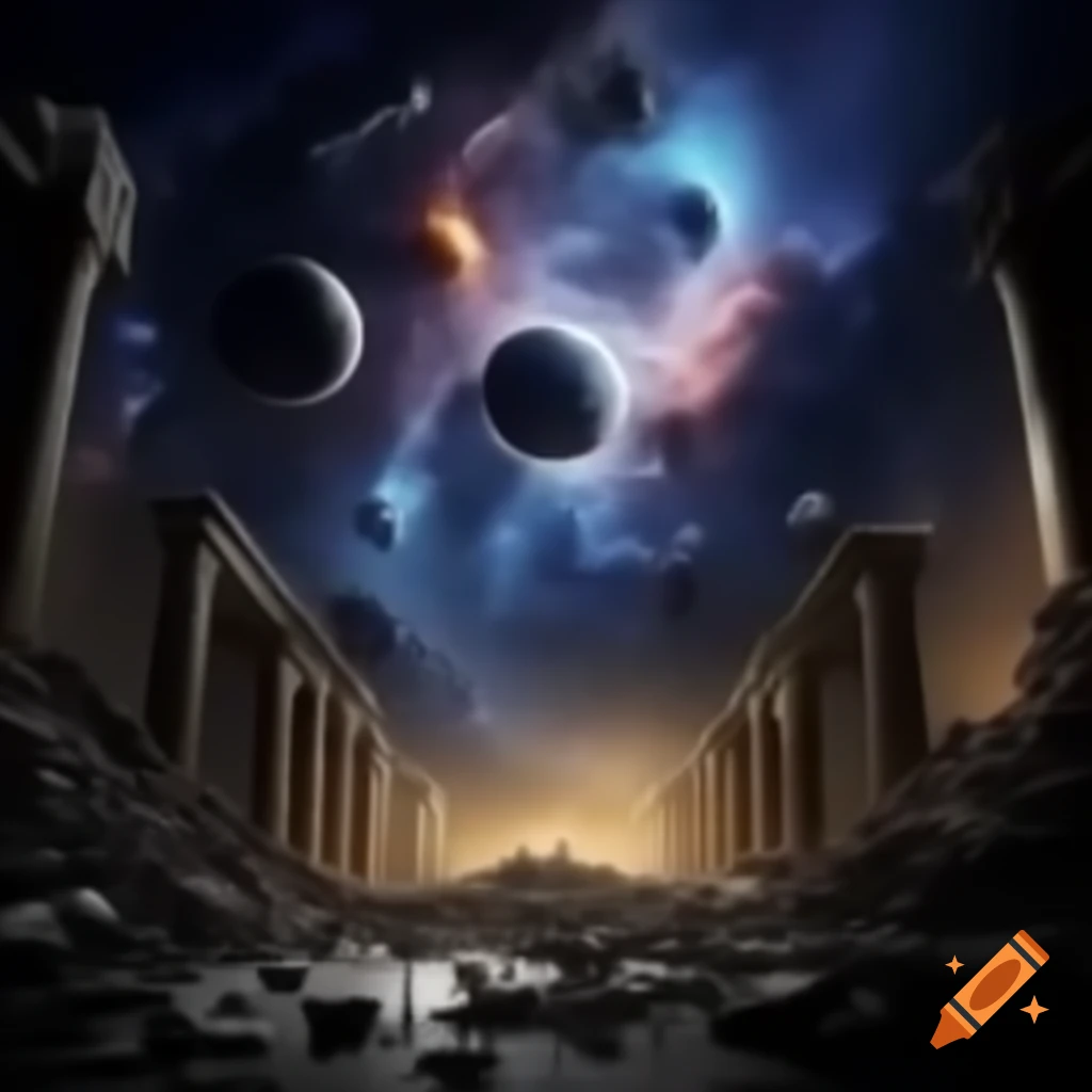 Surreal cosmic dream war aftermath with ruins and cosmic revelation on ...