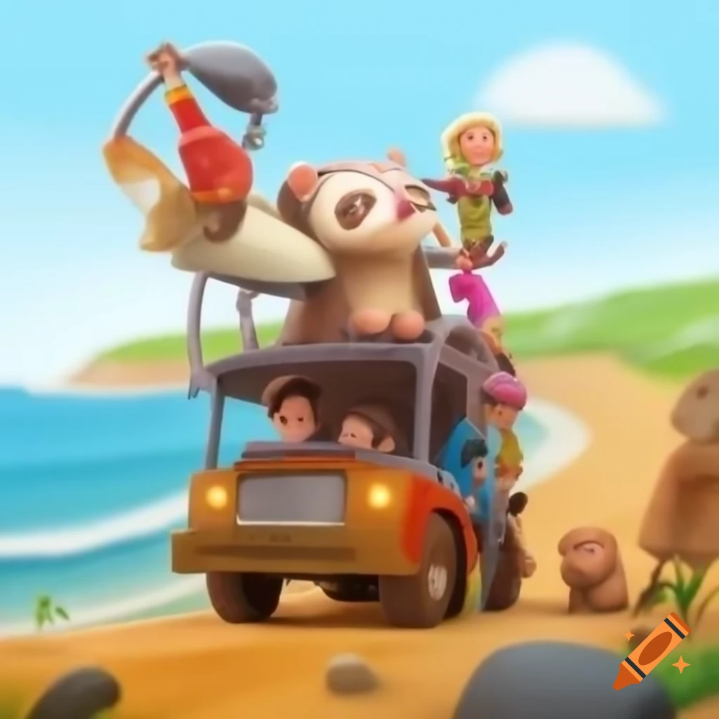 Animated image of ferret on road trip to beach with family on Craiyon