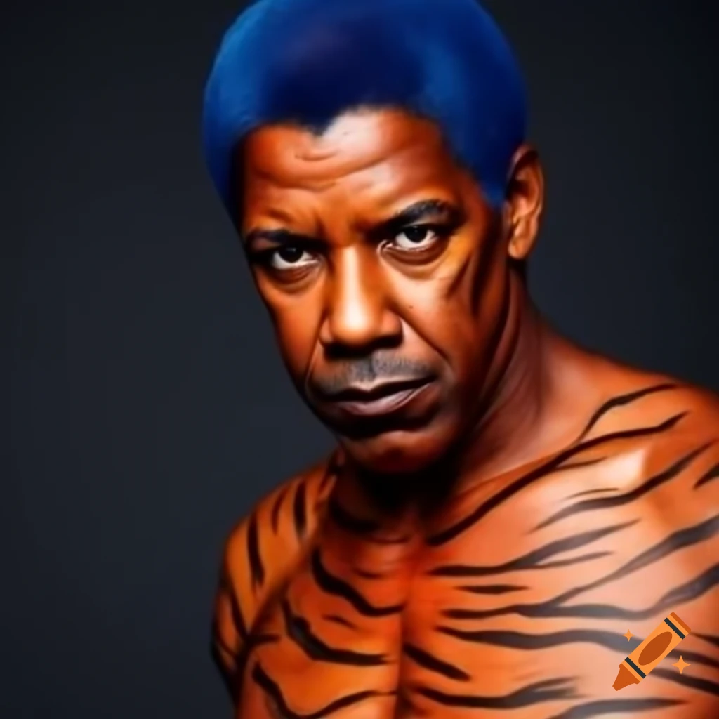 Muscular man with tiger-style makeup featuring blue hair and orange ...