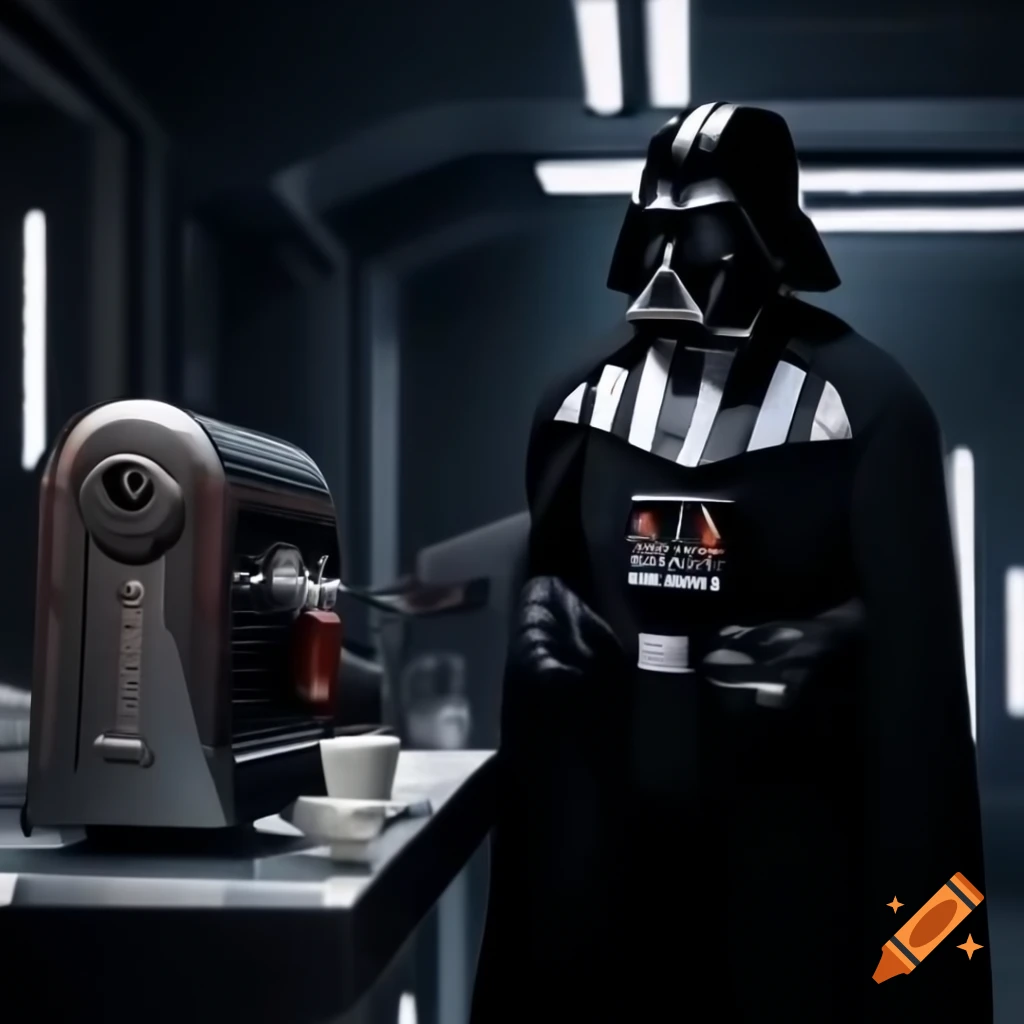 Darth Vader beside modern Nespresso coffee machine in futuristic scene ...