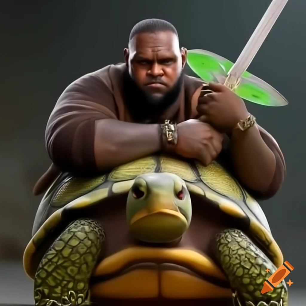 Creative fantasy scene of a character on a turtle holding a sword on ...