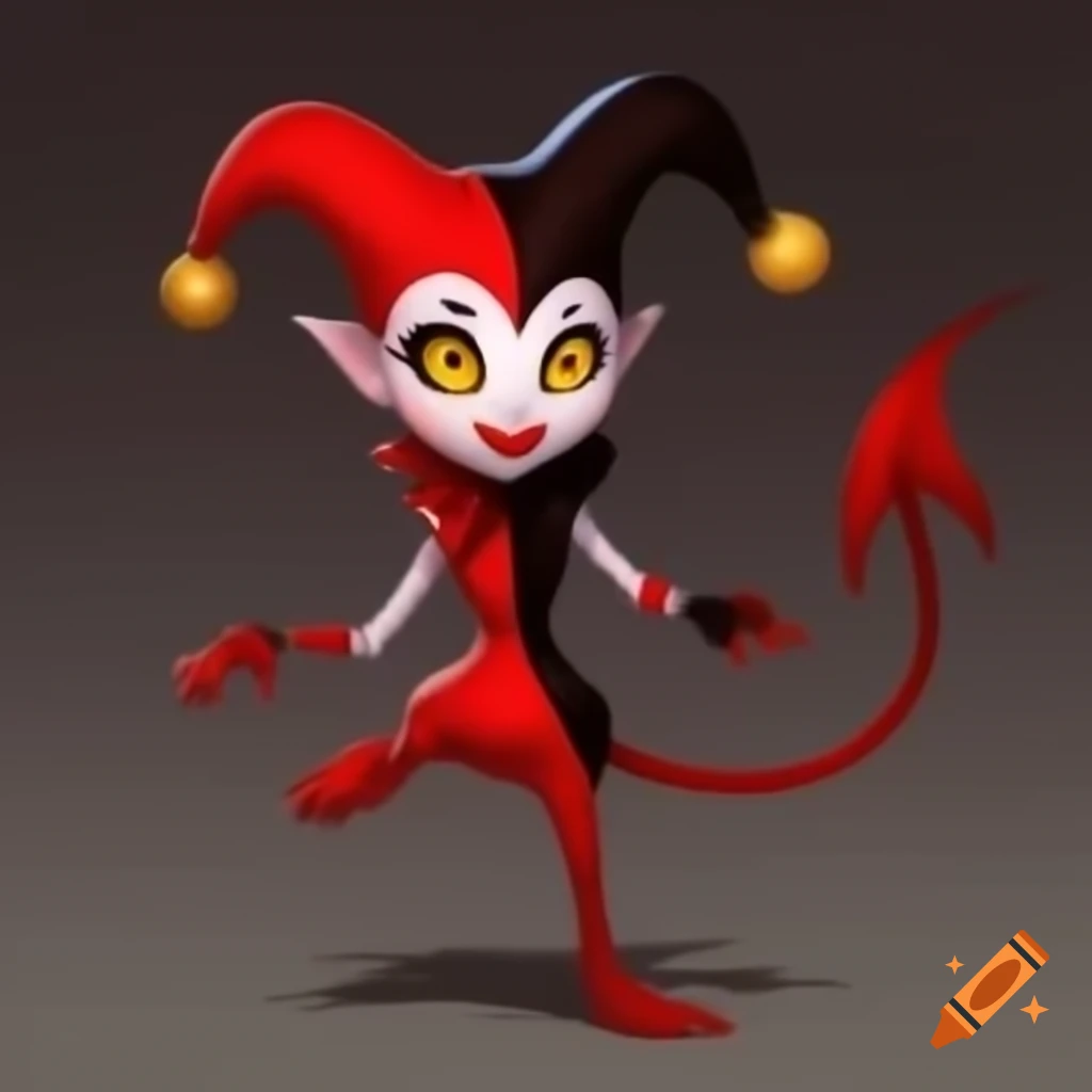 Playful female imp with red and black skin in jester's outfit running ...