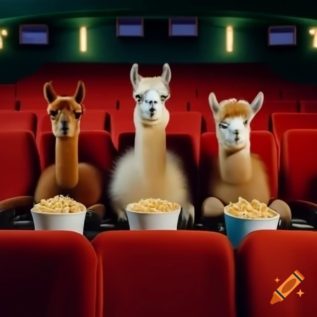 Llama in cinema eating popcorn while sitting on a theater seat on Craiyon