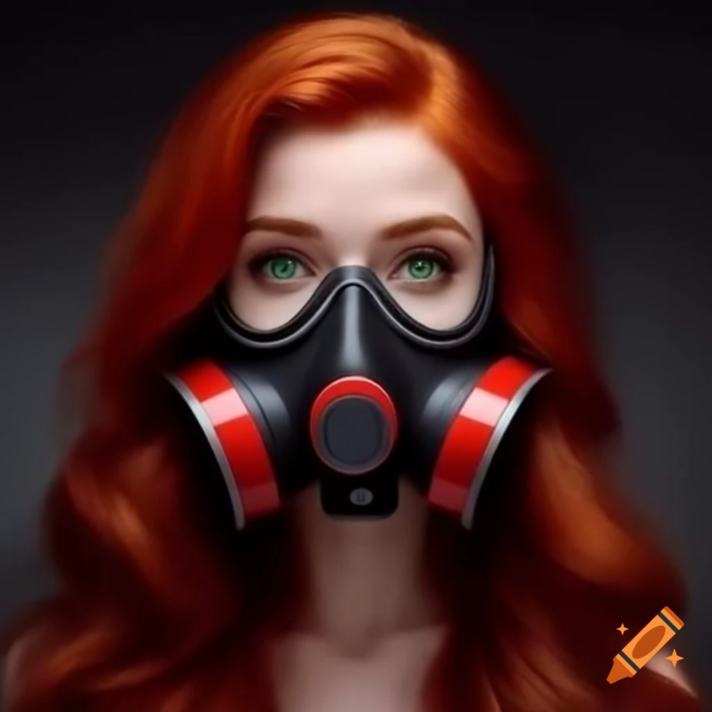 Red-haired woman wearing stylish red gas mask on Craiyon