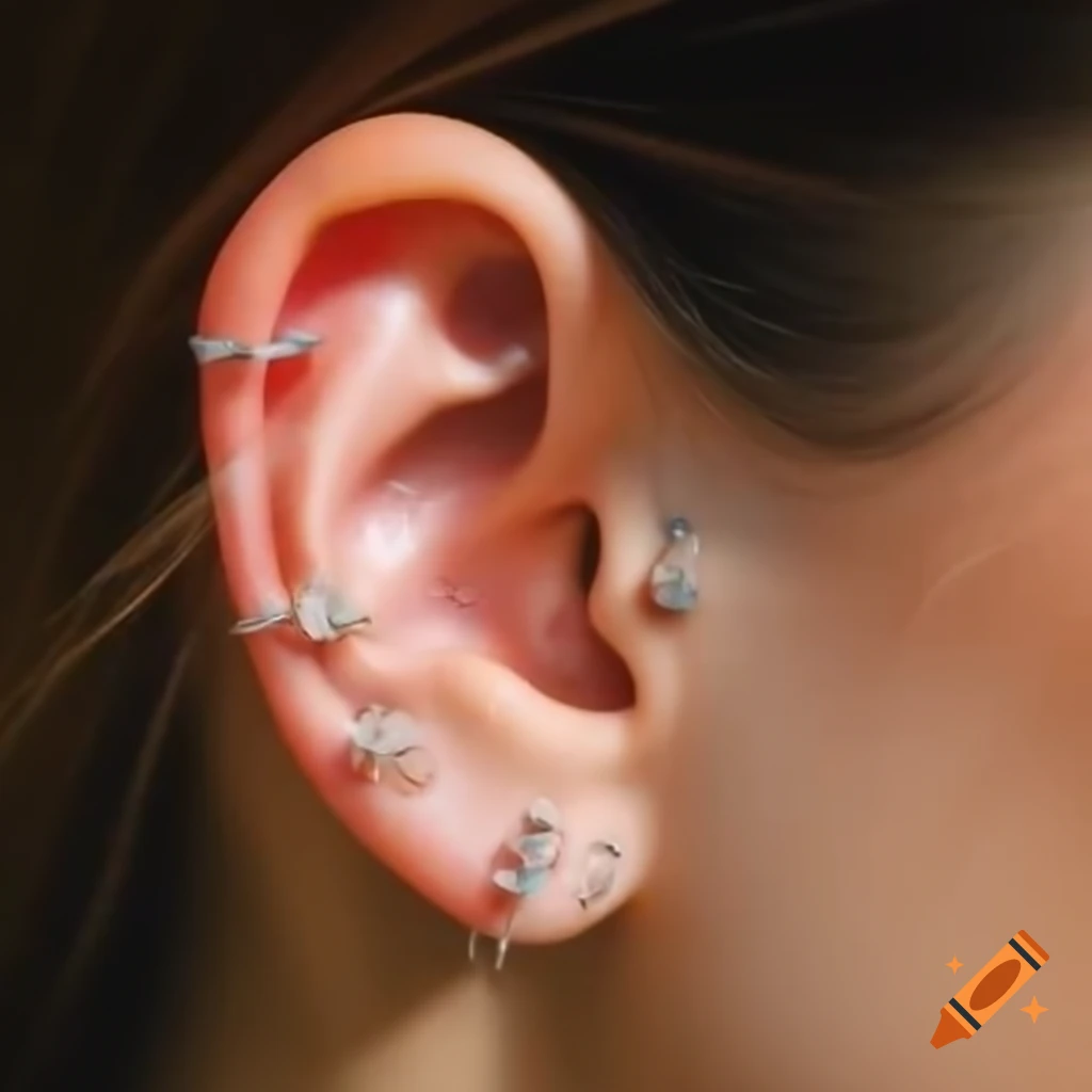 Left ear with multiple piercings including lobe, conch, and helix rings ...