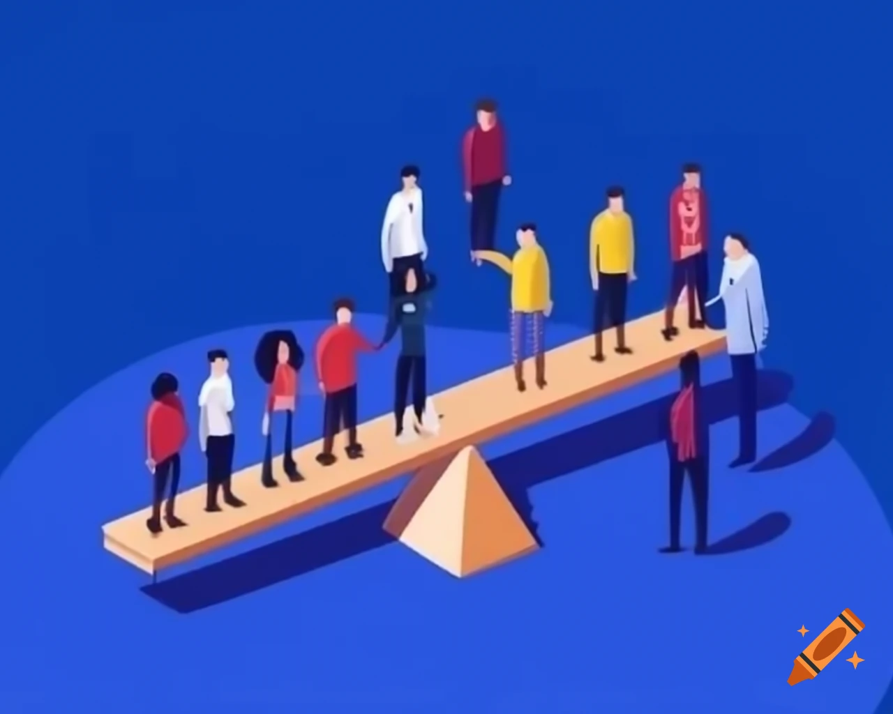 Diverse figures supporting balanced scale symbolizing gender equality ...