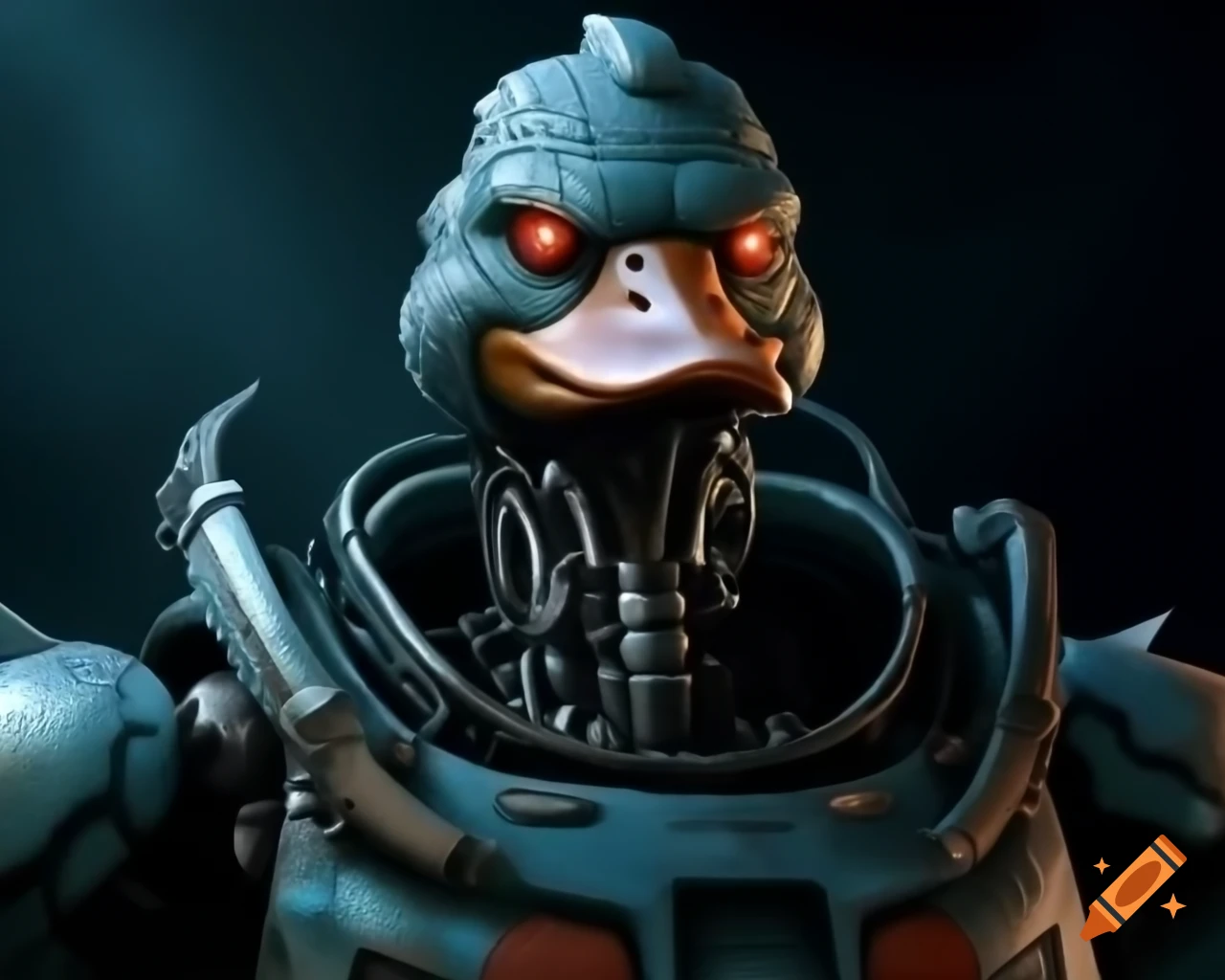 Robo-Duck in metallic armor with intense stare, blending technology and ...