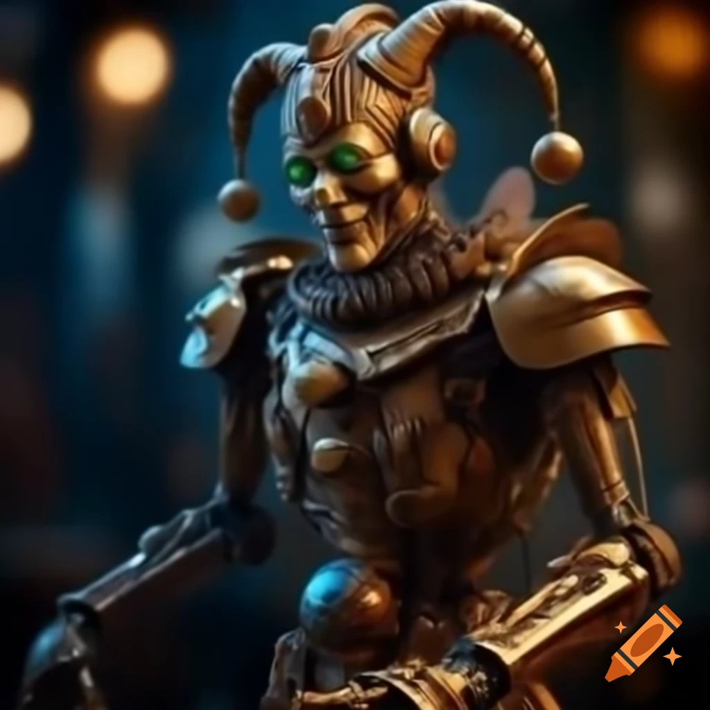 Gleaming robotic jester with clockwork details dancing on Craiyon