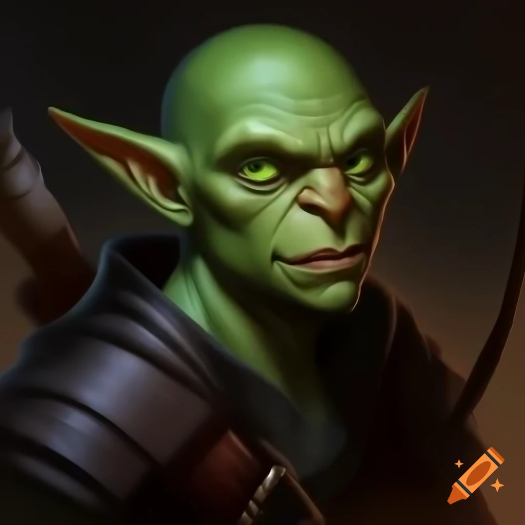 Portrait of a goblin from DnD with a bald head, green-brown skin, and ...