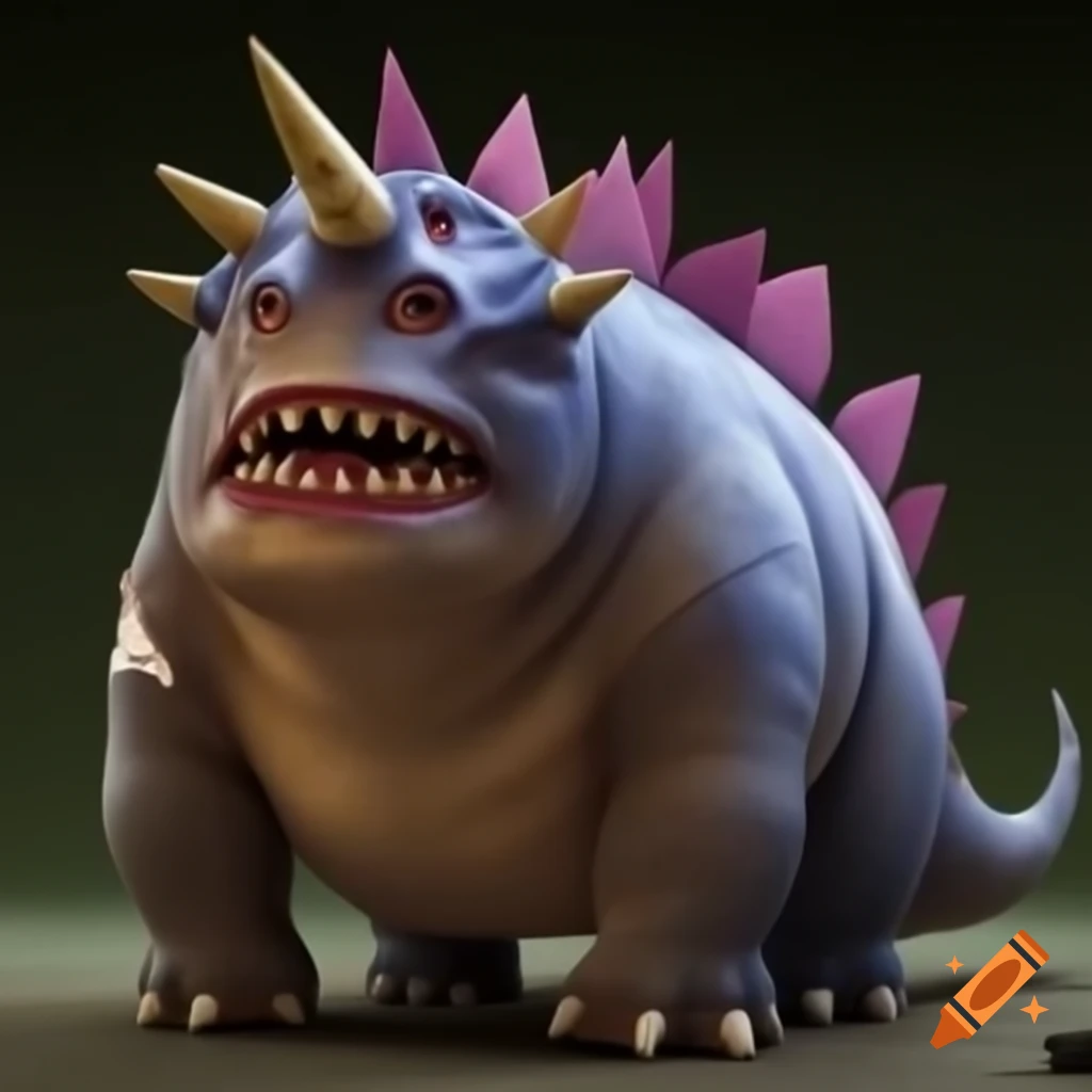 Unique fat dinosaur with spikes, unicorn horn, and wings on Craiyon