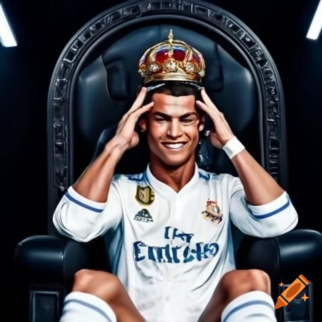 Cristiano Ronaldo on throne wearing Real Madrid jersey number 7 and placing crown on head on Craiyon