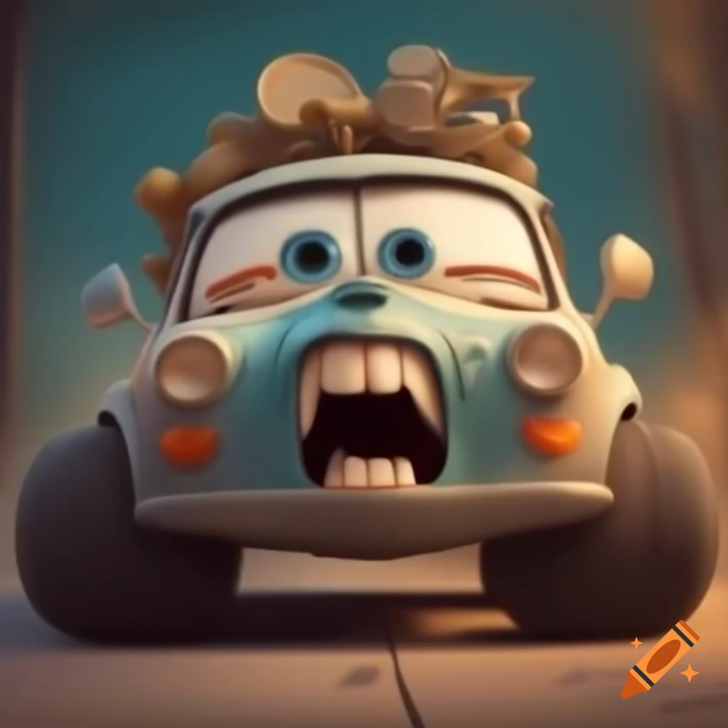 Vintage car transformed into cartoon character with oversized fangs on ...
