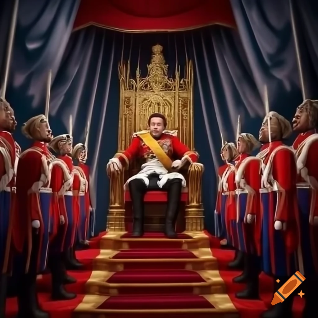 King on gold bedazzled throne with royal guard lining the aisle on Craiyon