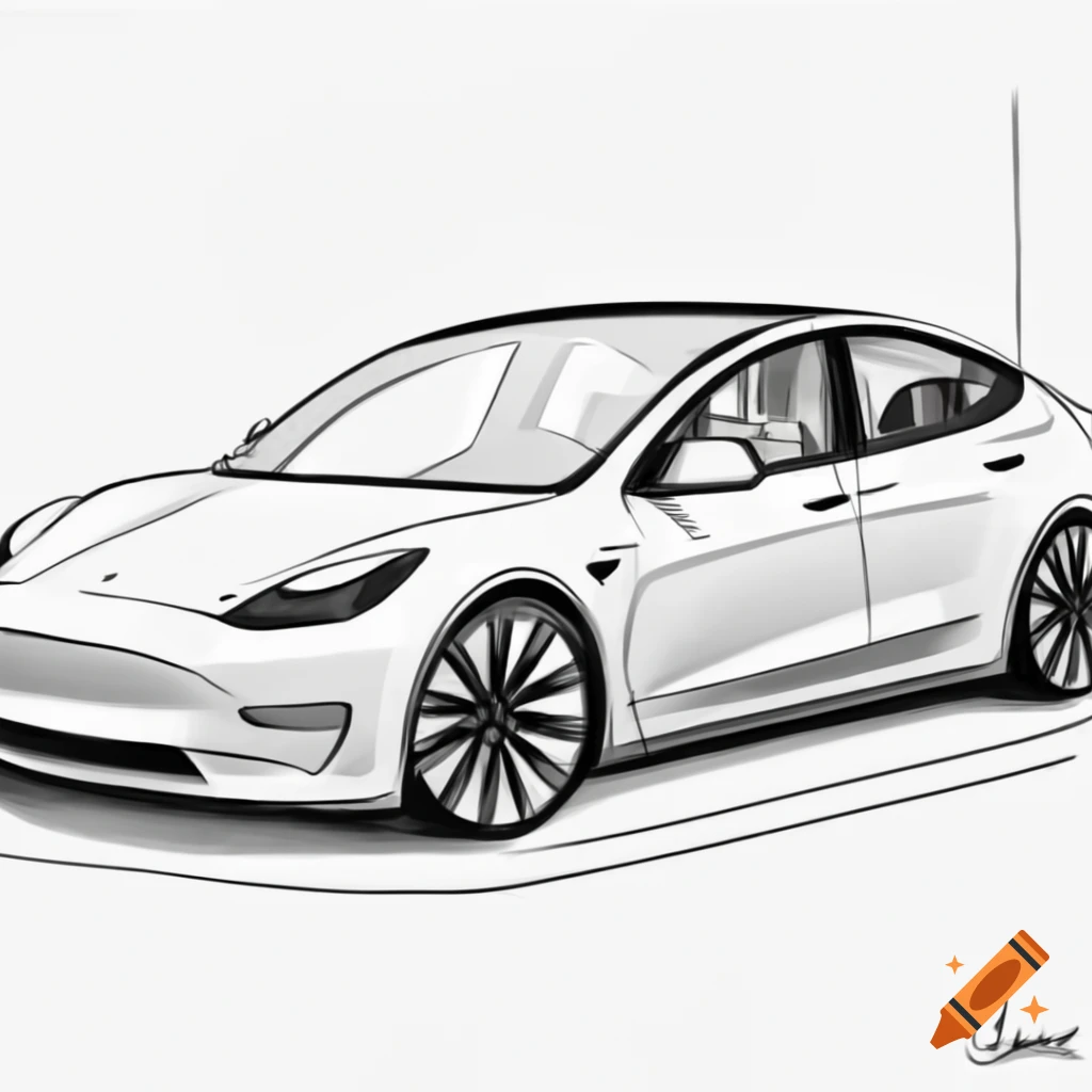 Pencil sketch of Tesla Model Y highlighting lines and details in 3/4 ...