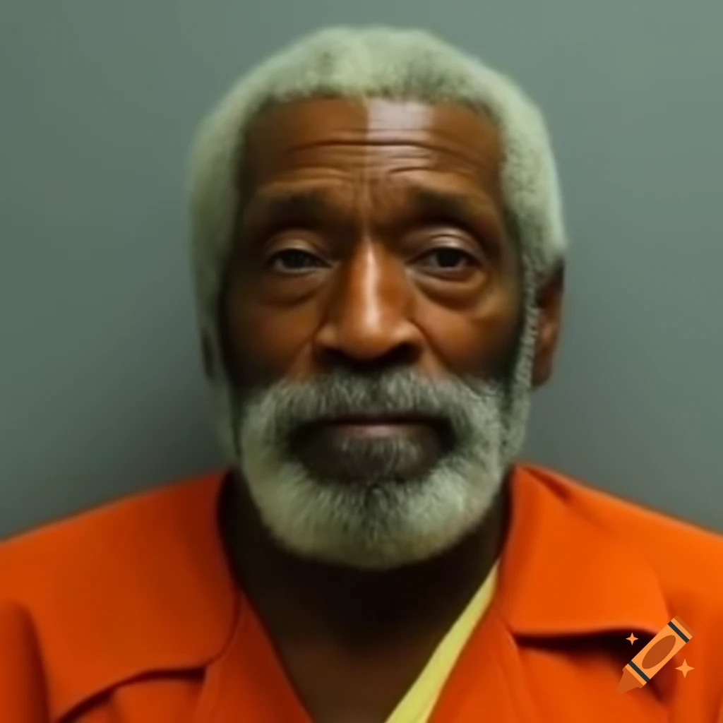 Tough elderly man in orange prison jumpsuit with grey hair and beard on ...