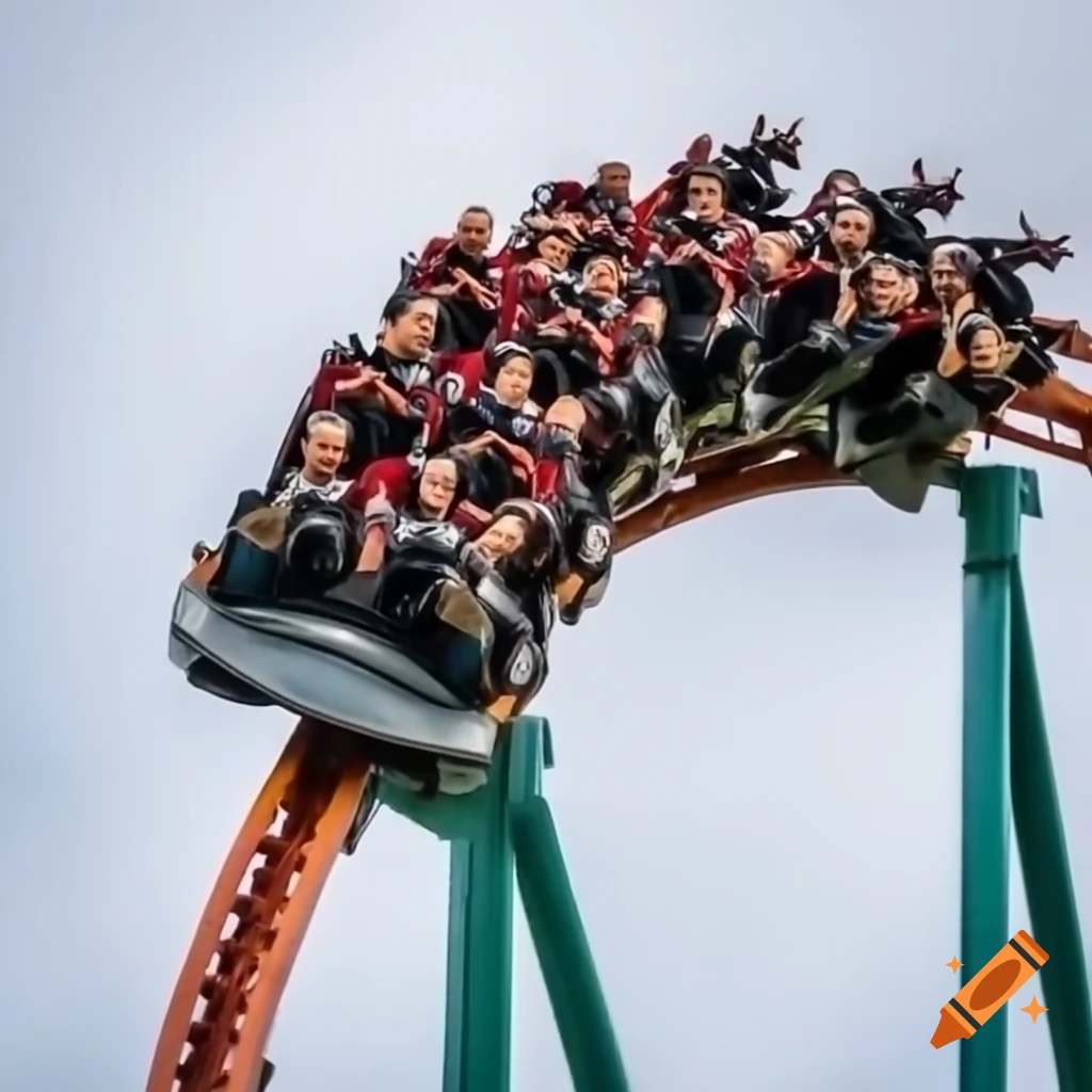 Thrillseekers enjoying roller coaster ride with excited expressions on ...