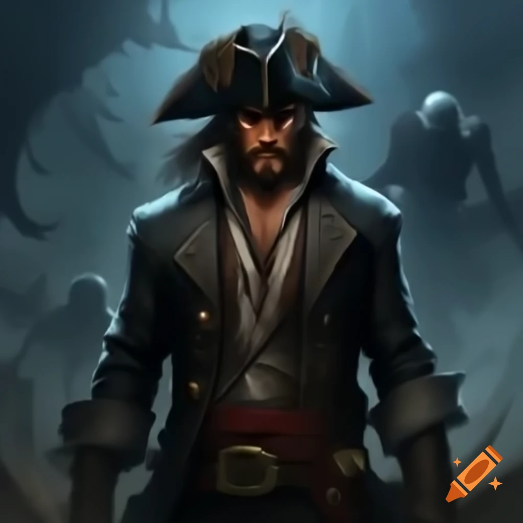 Anime-style undead pirate captain surrounded by ghostly fog on Craiyon