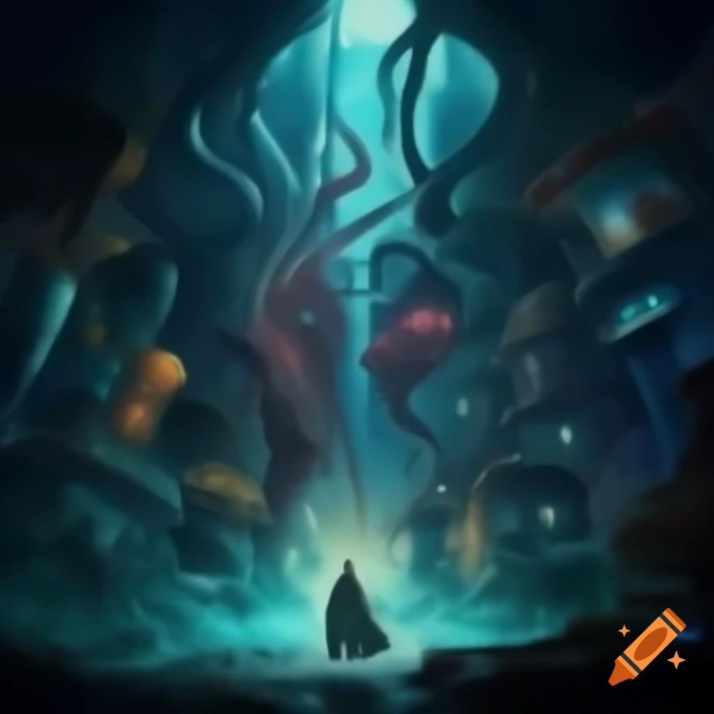 Surreal fantasy illustration in cyberspace featuring a cyborg on Craiyon