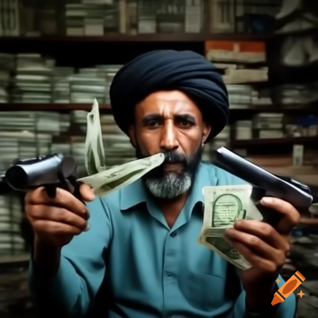 Man counting money with guns on shelves, smoking cigar, three-eyed ...
