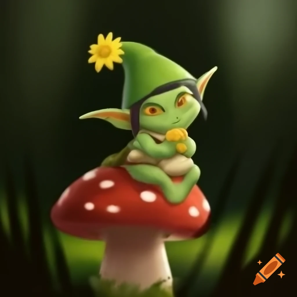 Female goblin on toadstool with green hat and yellow flower on Craiyon