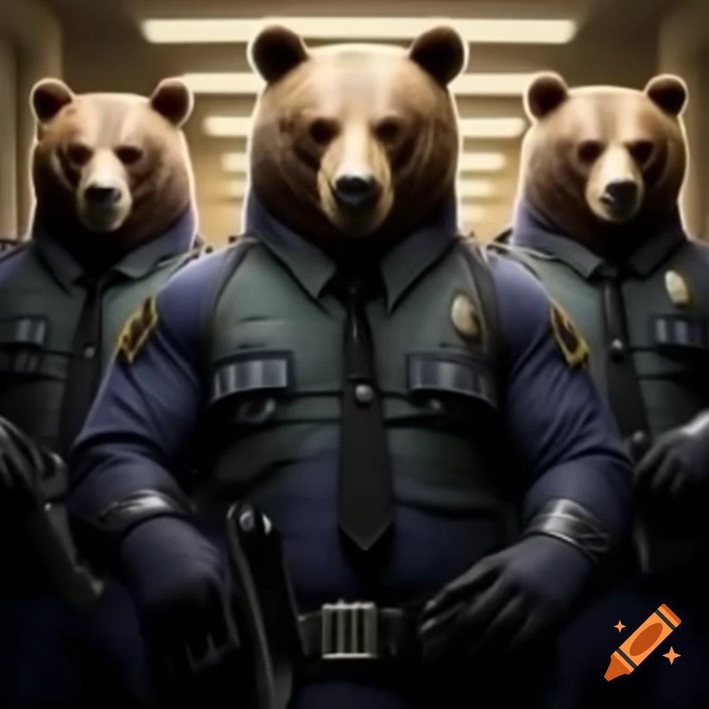 Bears dressed as security guards looking cool on Craiyon