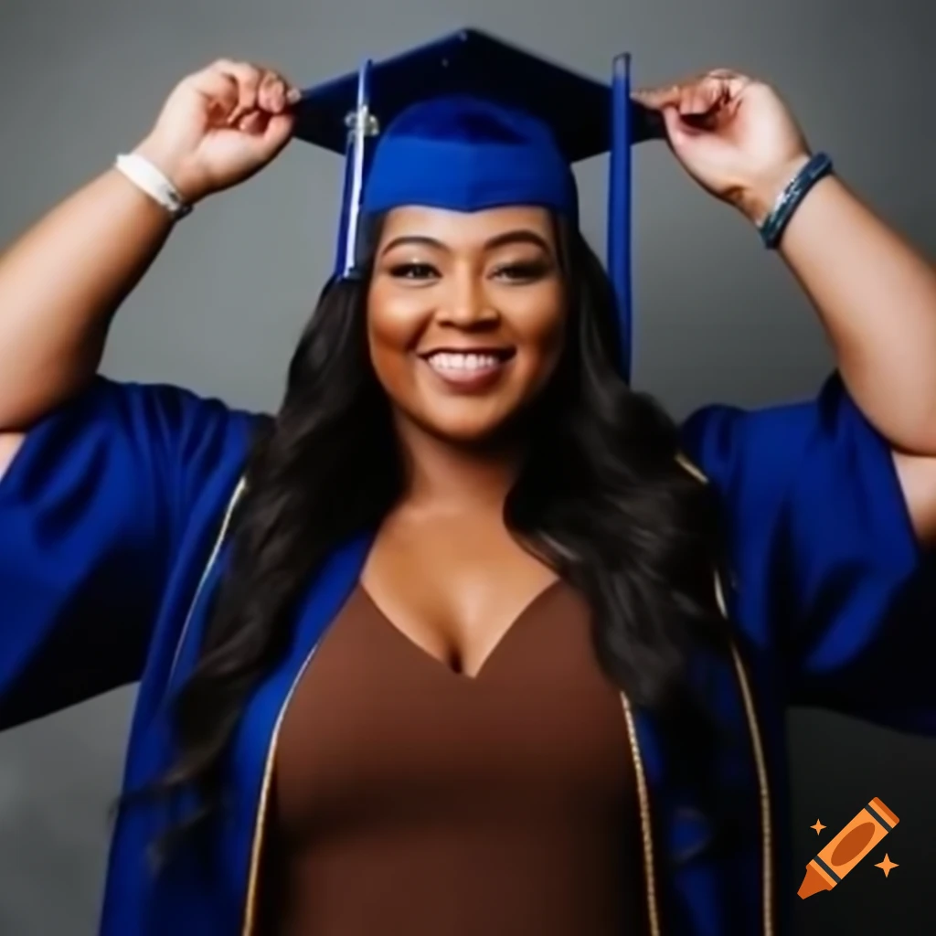 Recent college graduate in dark-brown dress and royal-blue cap and gown ...