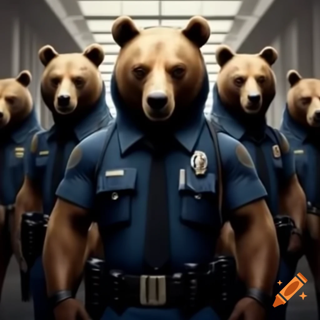 Smug bears posing in a security guard theme on Craiyon