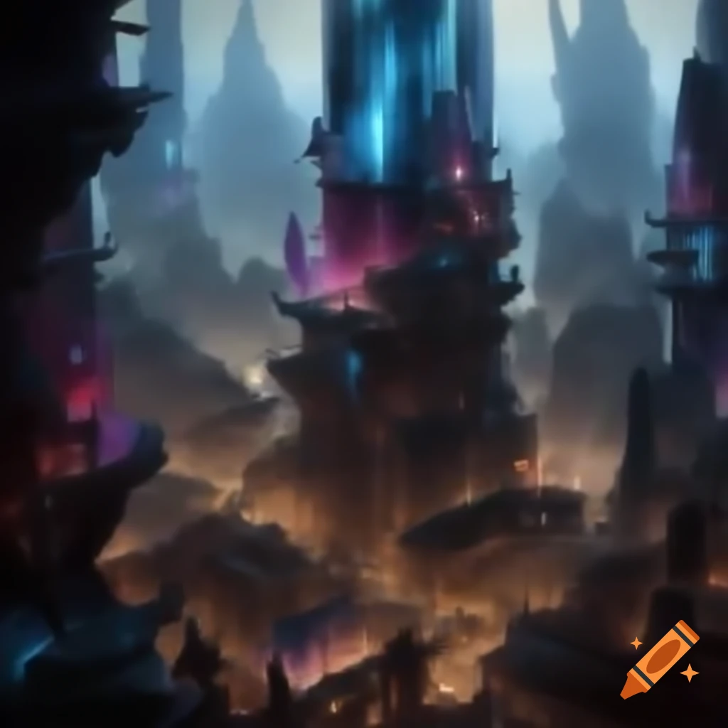 Vibrant cityscape with crystal buildings in blue, red, and violet on ...