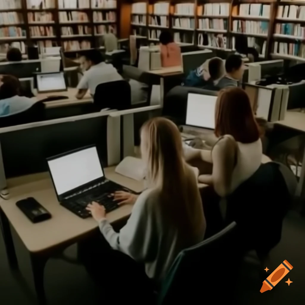 Sketch of librarian at computer with students using laptops and phones ...