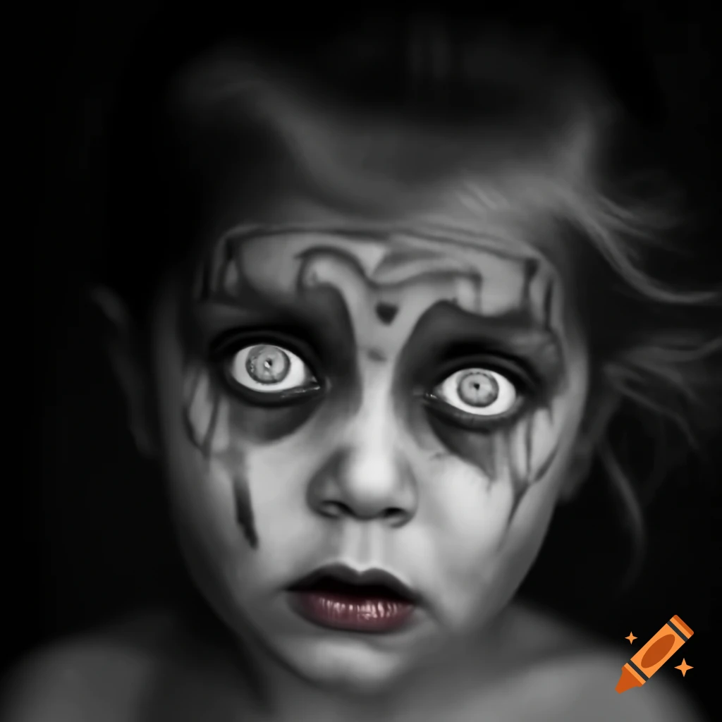 Gloomy child character with white eyes, evoking a scary aura on Craiyon