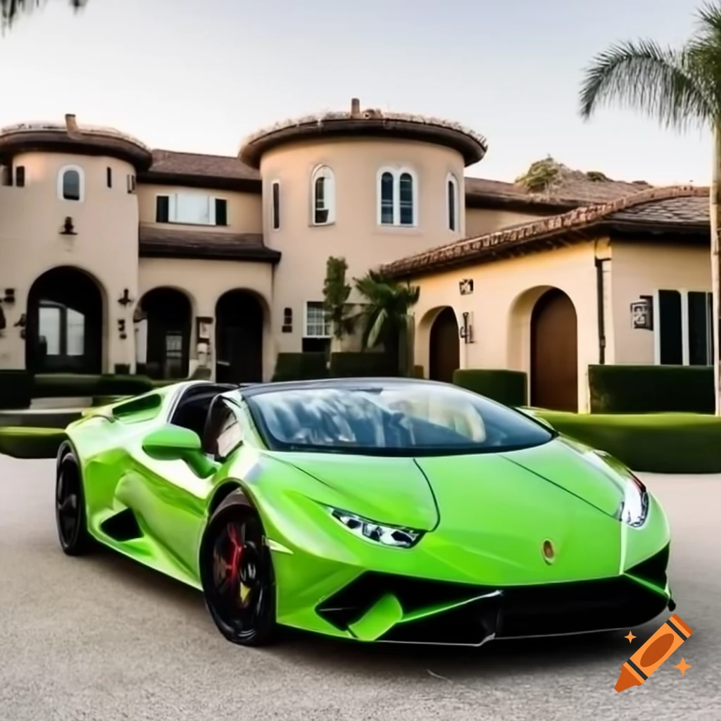 Lamborghini Huracan Evo Spyder parked in front of Mediterranean mansion on Craiyon
