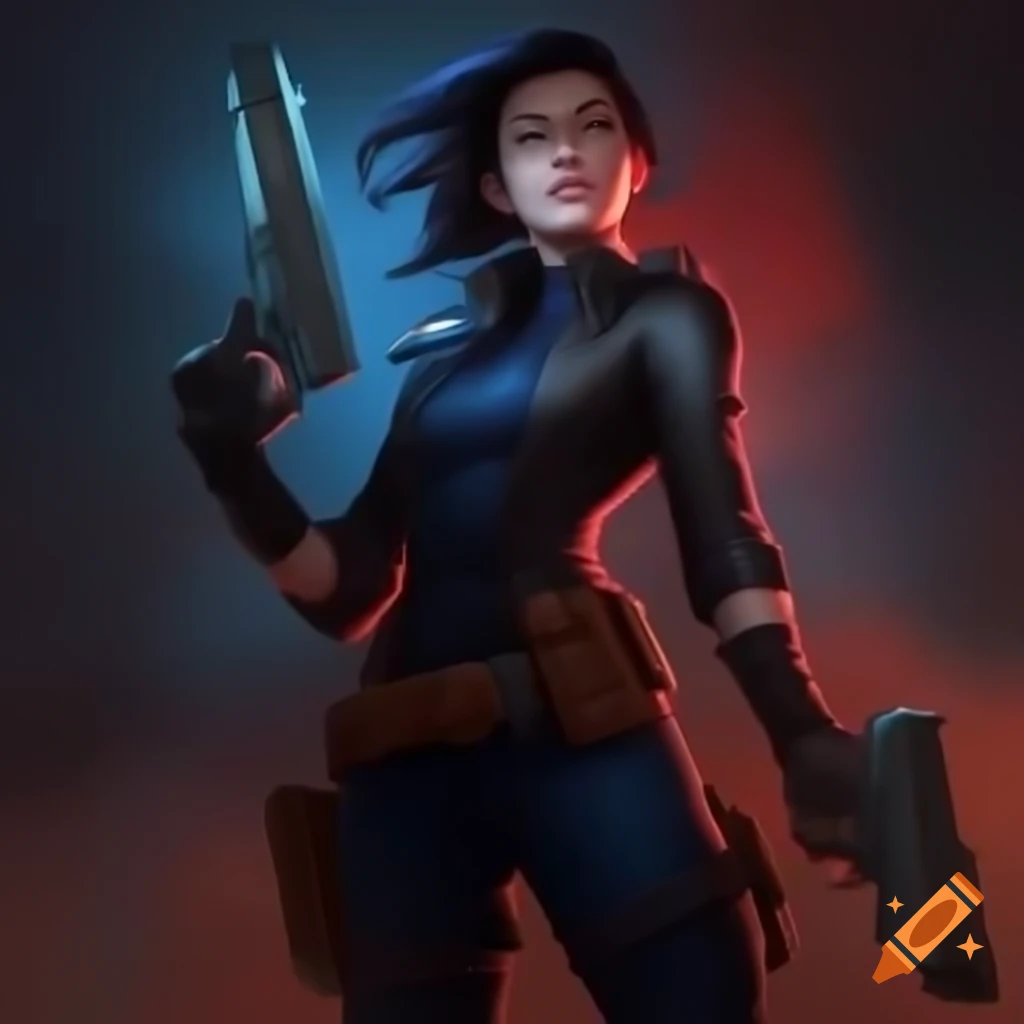 Agile woman in dark attire poised for action with weapon in artistic ...