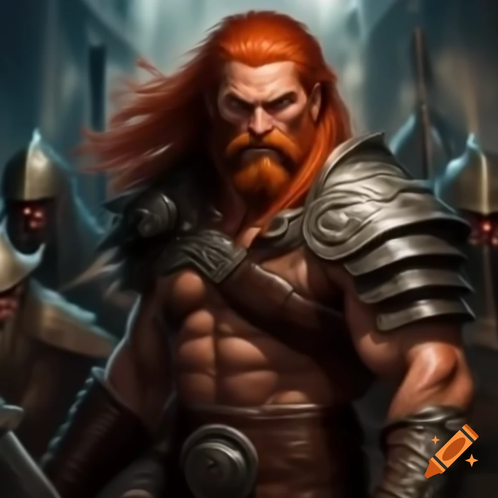 Conan the Barbarian with red hair engaged in battle on Craiyon