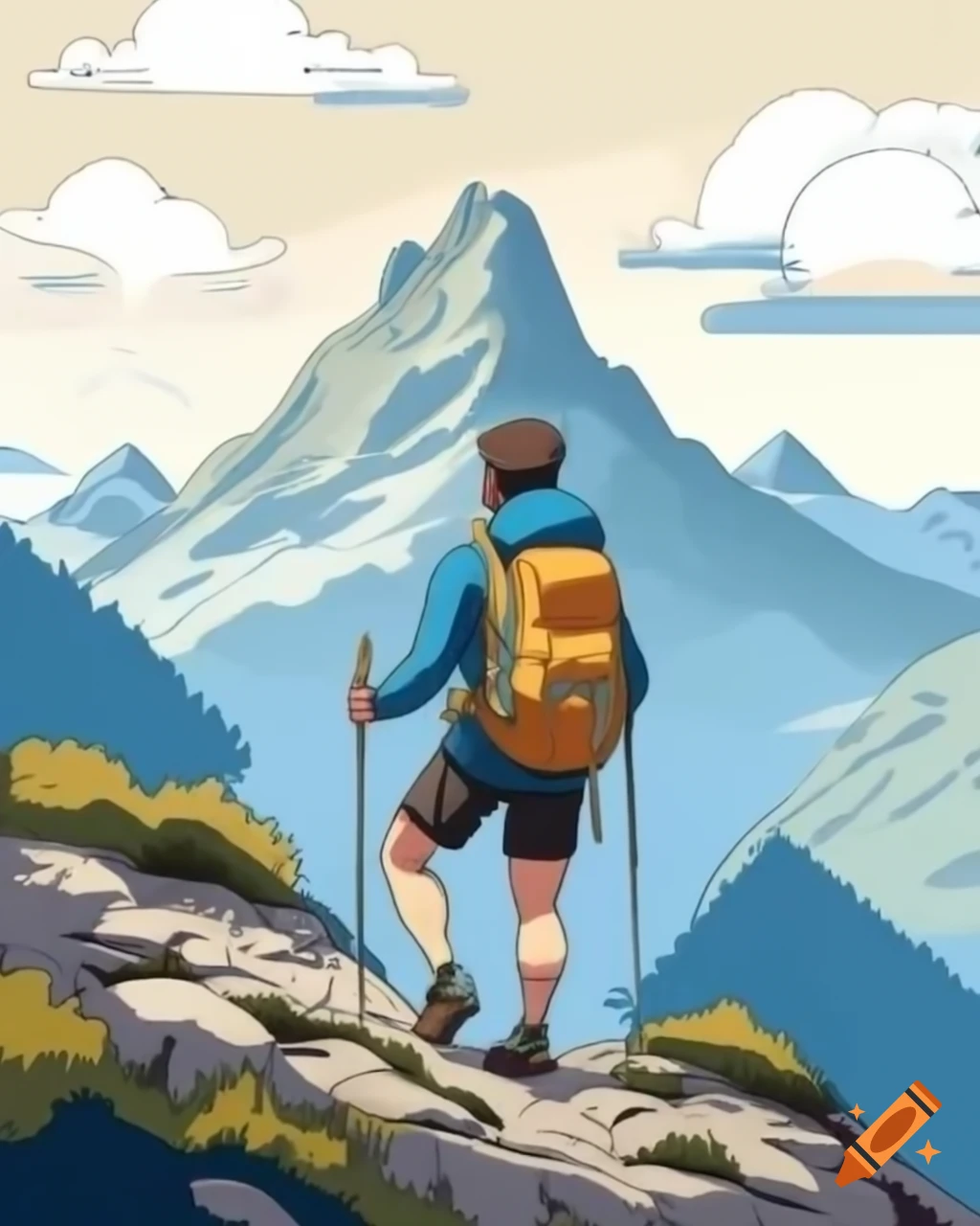 Man hiking mountain appreciating nature, detailed drawing on Craiyon